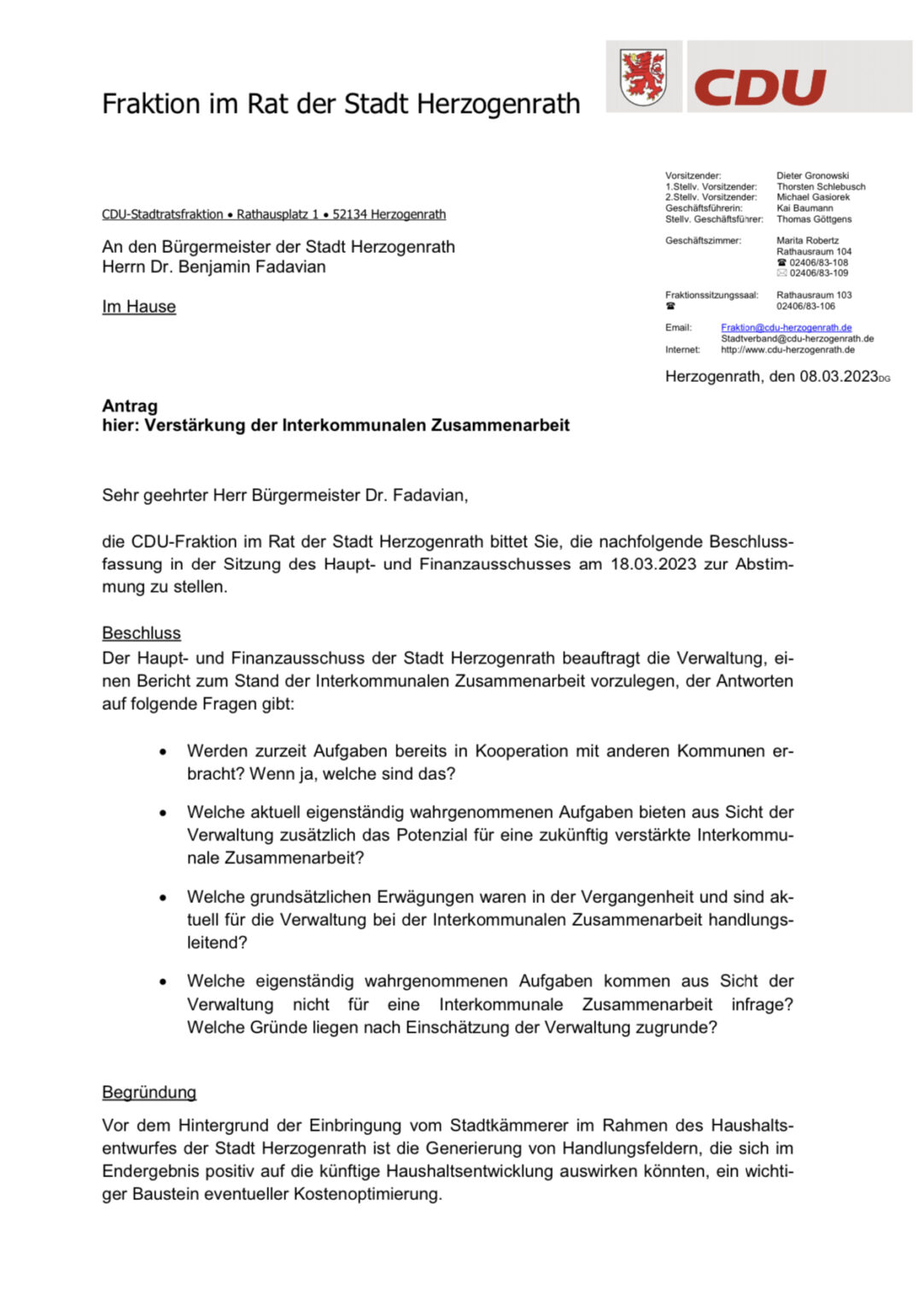 Antrag der CDU-Fraktion zur Verstärkung der Interkommunalen ... Antrag der CDU-Fraktion zur Verstärkung der Interkommunalen ...